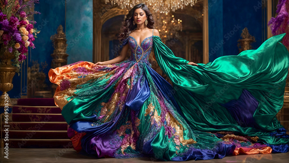 Beautiful brunette woman in a flowing silk dress in a luxurious Eastern ...
