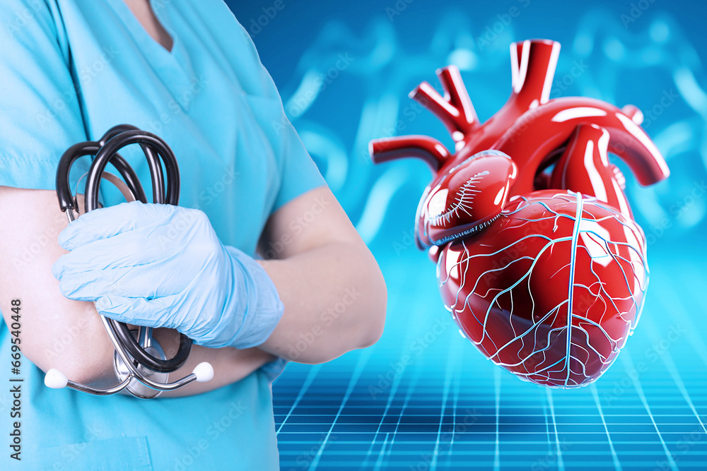 Female Cardiologist looks at a red heart. Medical poster. Awareness ...