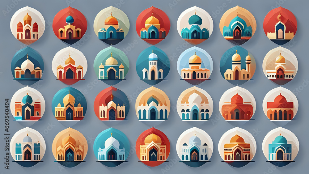 illustration of a set of icons mosque. icon set Ramadan or Ramadhan ...