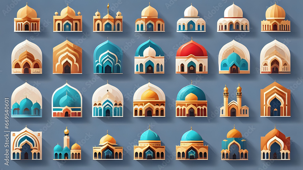 illustration of a set of icons mosque. icon set Ramadan or Ramadhan ...