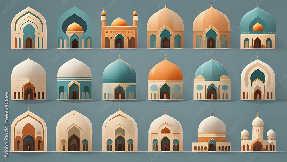 illustration of a set of icons mosque. icon set Ramadan or Ramadhan ...