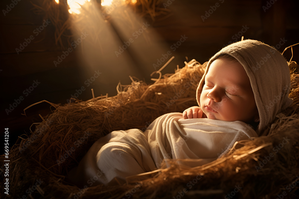 Baby Jesus is lying in the manger on the hay, Nativity of Jesus Stock ...