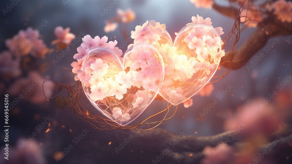 Charming hearts woven from flowers and branches merge in enchanting ...