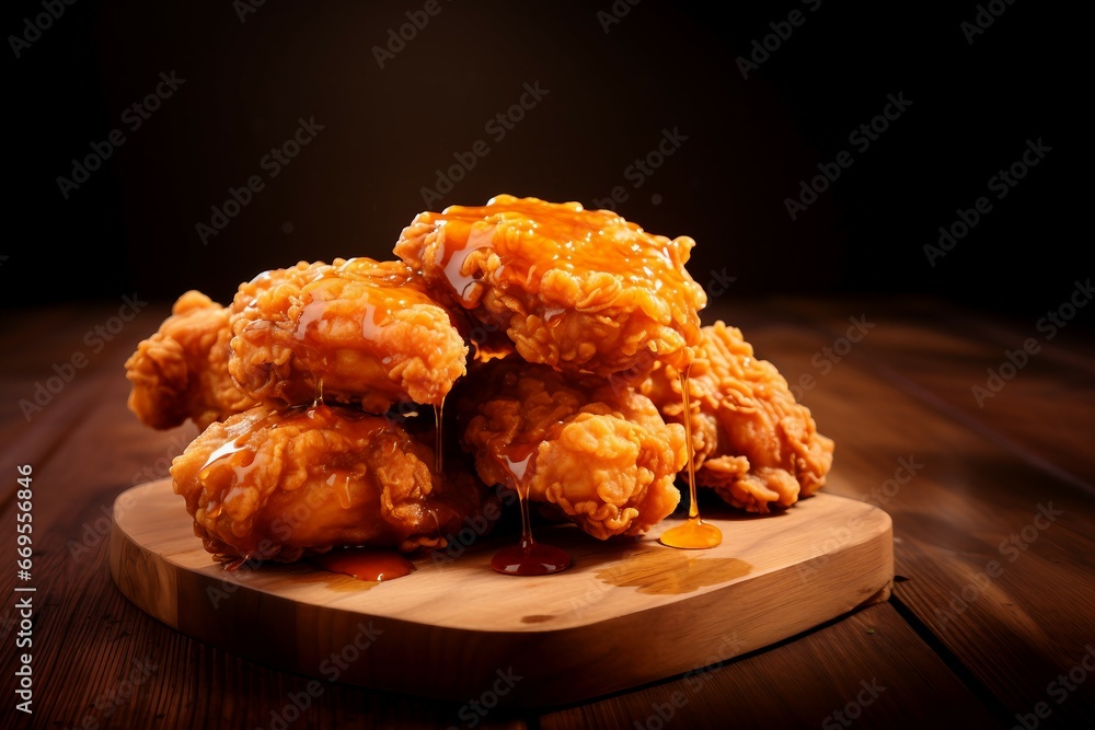 Wooden table with crispy honey-glazed fried chicken and bokeh ...