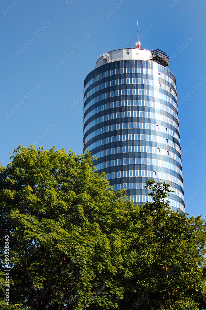 Jena, Germany - May 26, 2023: Modern Jen Tower skyscraper in Jena, the ...