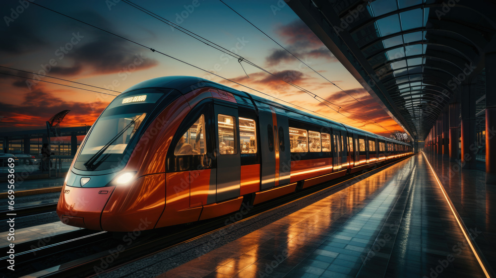 High speed red train with motion blur effect on the railway station at ...