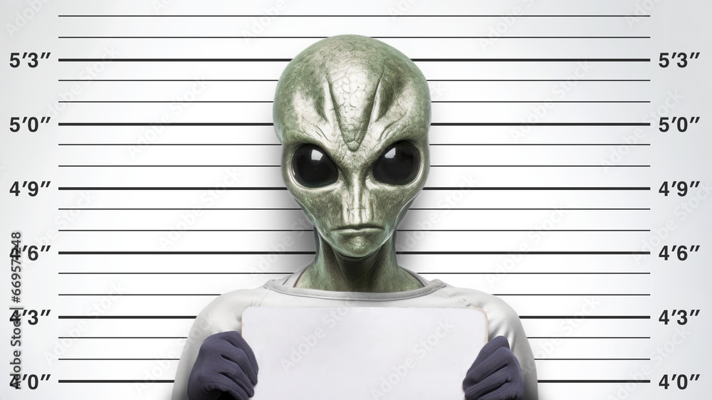 Close-up mugshot of a stereotypical green skinned alien holding a blank ...