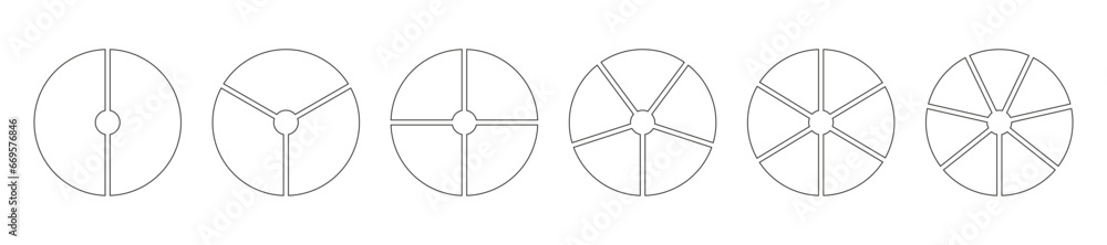 Pie chart templates. Circle divided on 2, 3, 4, 5, 6, 7 equal slices ...