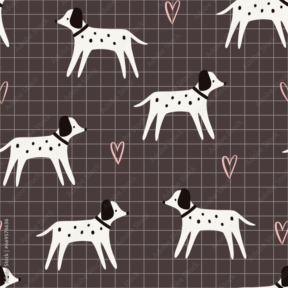 cute hand drawn dalmatian puppy dog with pink hearts on a grid pastel ...