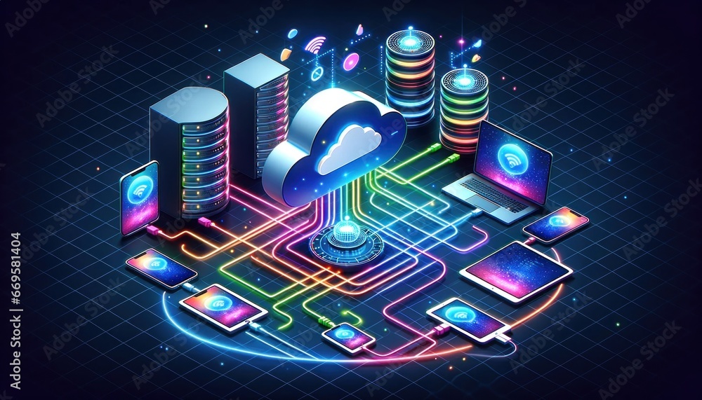 Modern cloud technology concept in isometric view with Neon rainbow-colored data streams flow ...