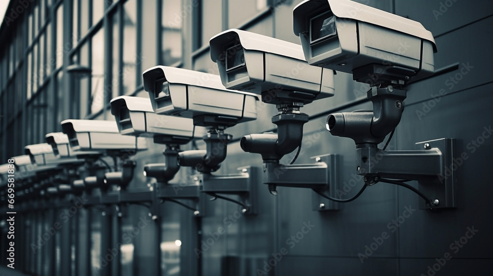 Illustration of a row of video surveillance cameras. Monitoring ...