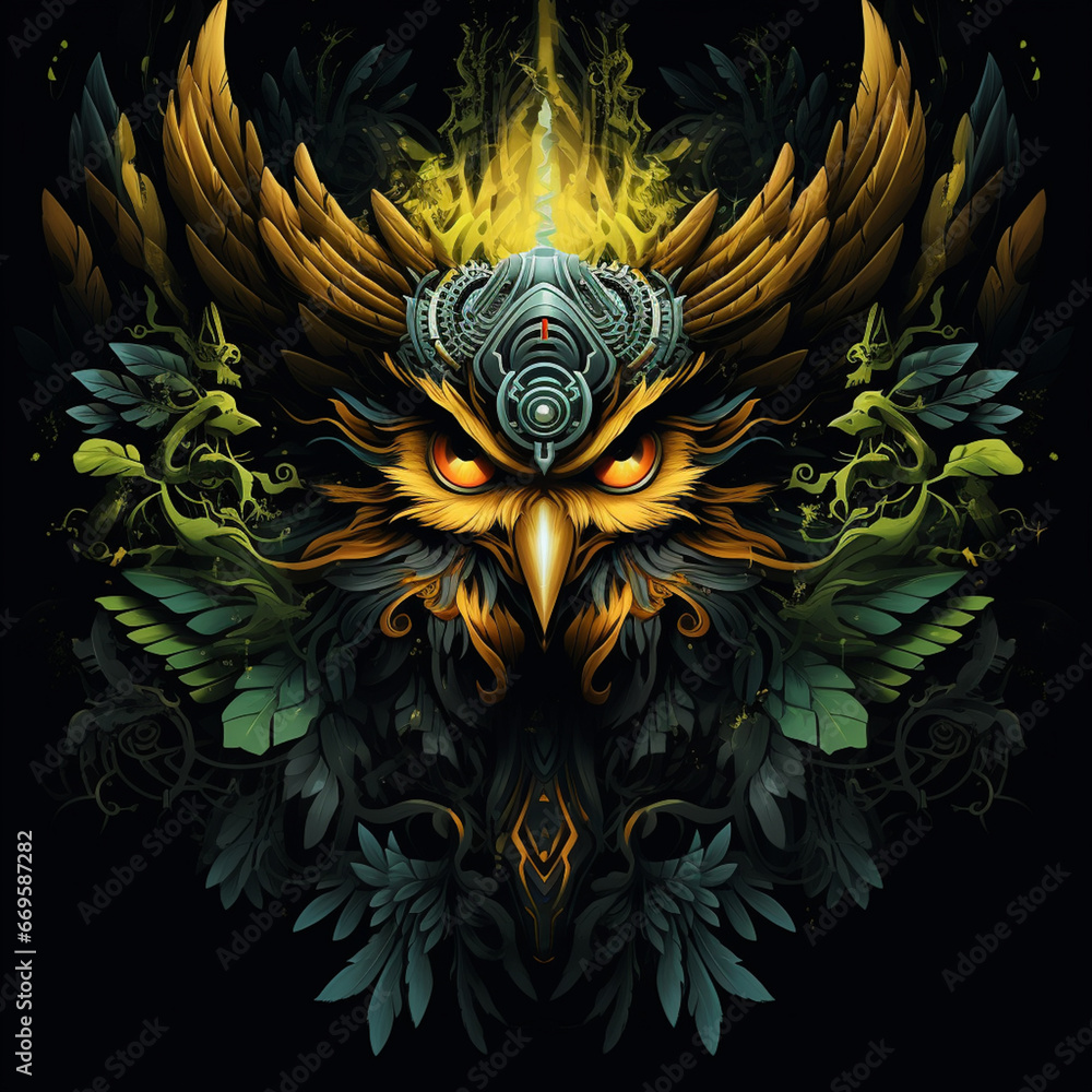 Garuda. Abstract, neon, multi-colored portrait of a Garuda Bird looking ...