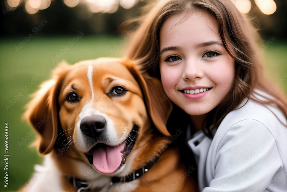 Smiling girl hugging a dog in a field of grass with lights in the ...