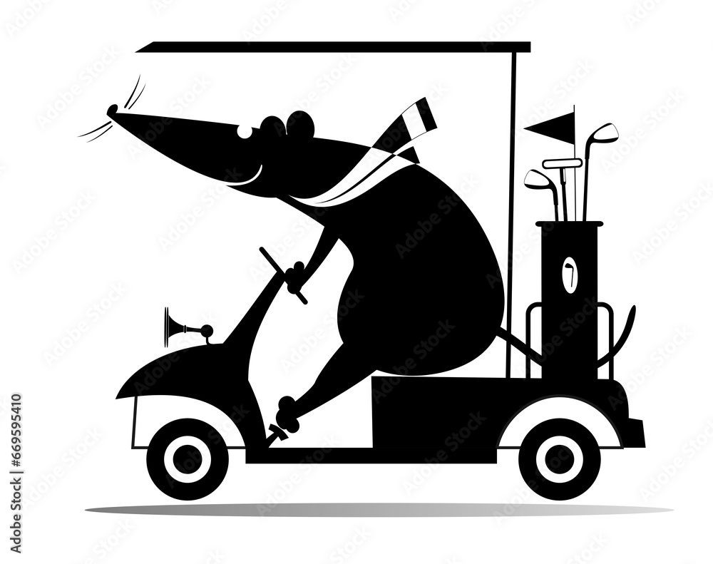 Cute rat or mouse rides the golf cart. Cartoon rat or mouse is going to ...