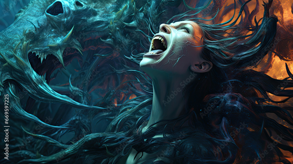 a woman screaming in the midst of a supernatural attack. Her face is ...