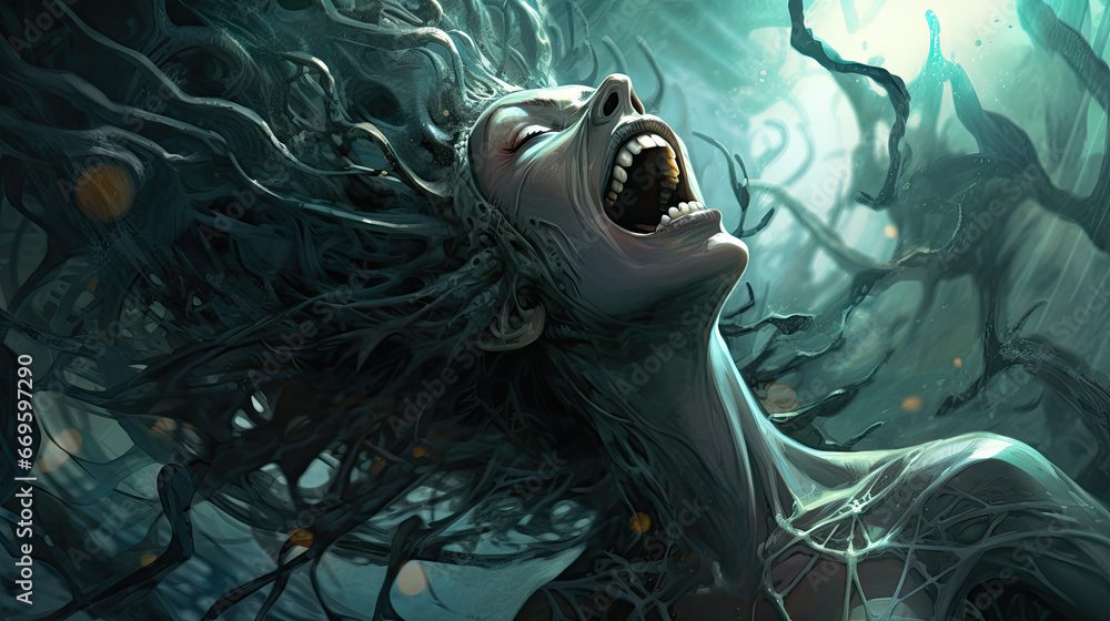 a woman screaming in the midst of a supernatural attack. Her face is ...