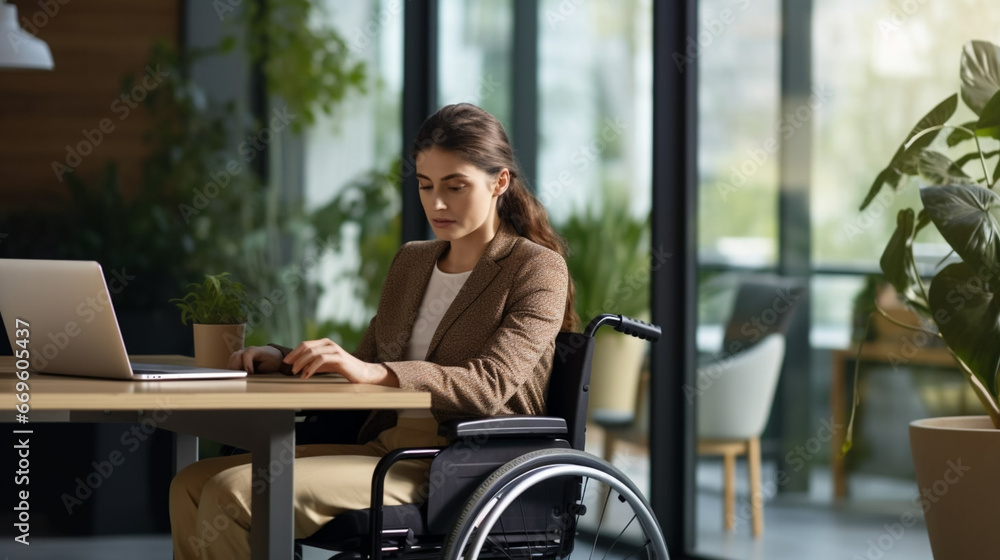 copy space, stockphoto, Woman in a wheelchair working on a laptop in an ...