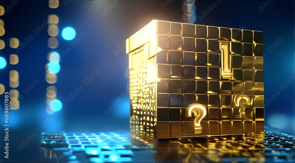 Golden question mark, golden bar pile, with a vibrant background light ...