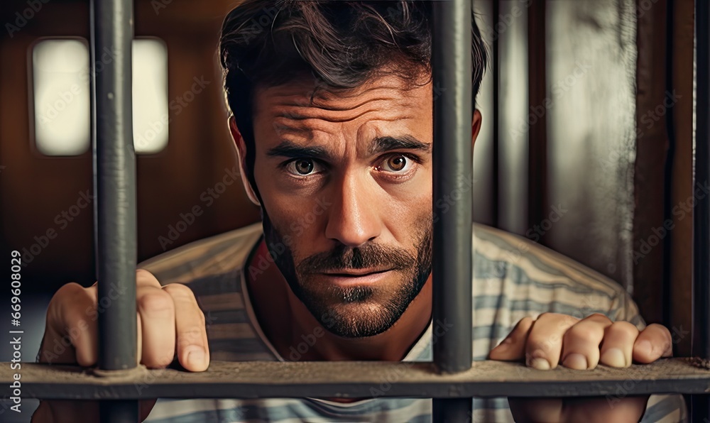Photo of a man behind prison bars, staring directly at the camera Stock ...