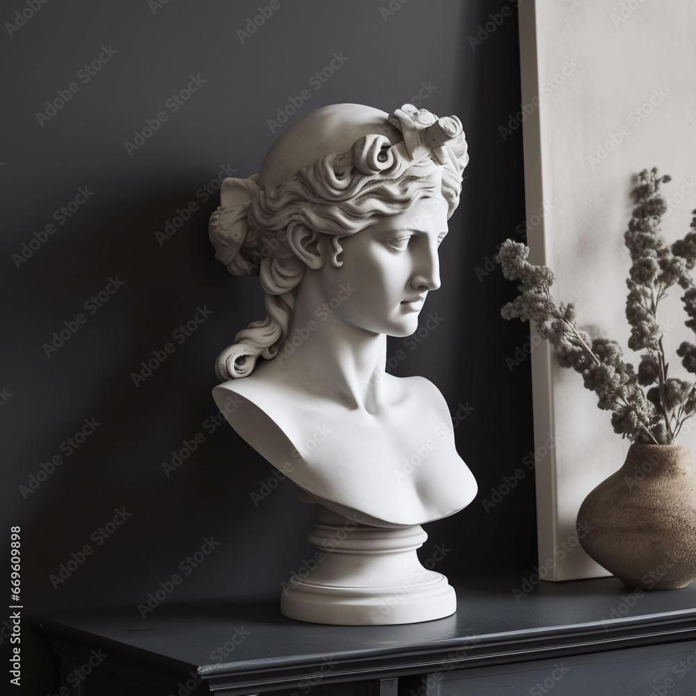 plaster, white statue of the head of a Greek goddess on a table for the ...