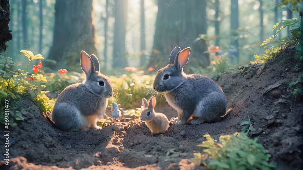 Rabbit Family Building a Burrow in the Middle of the Forest. Generative ...