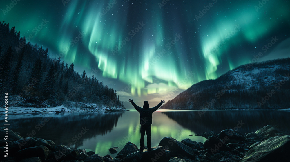 A person witnessing a breathtaking natural phenomenon, eyes wide with ...