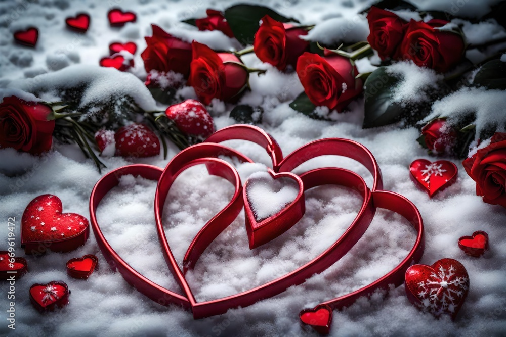 red bloody heart with dark and deep red roses in the snow with shining ...