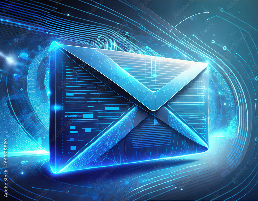Futuristic blue digital express email envelope and parcel abstract ...