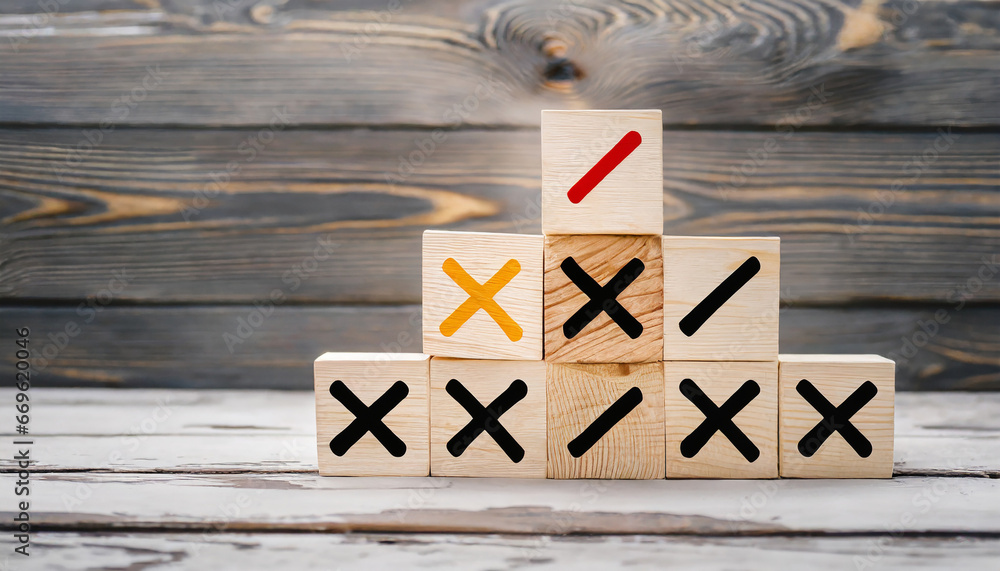 Plenty many wooden blocks full crossed marks table background. Wrong ...