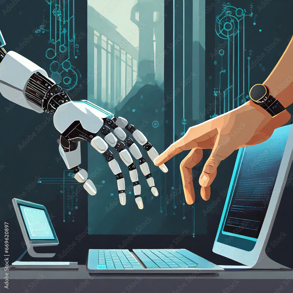 Hands of Robot and Human Touching together through computer moniter ...