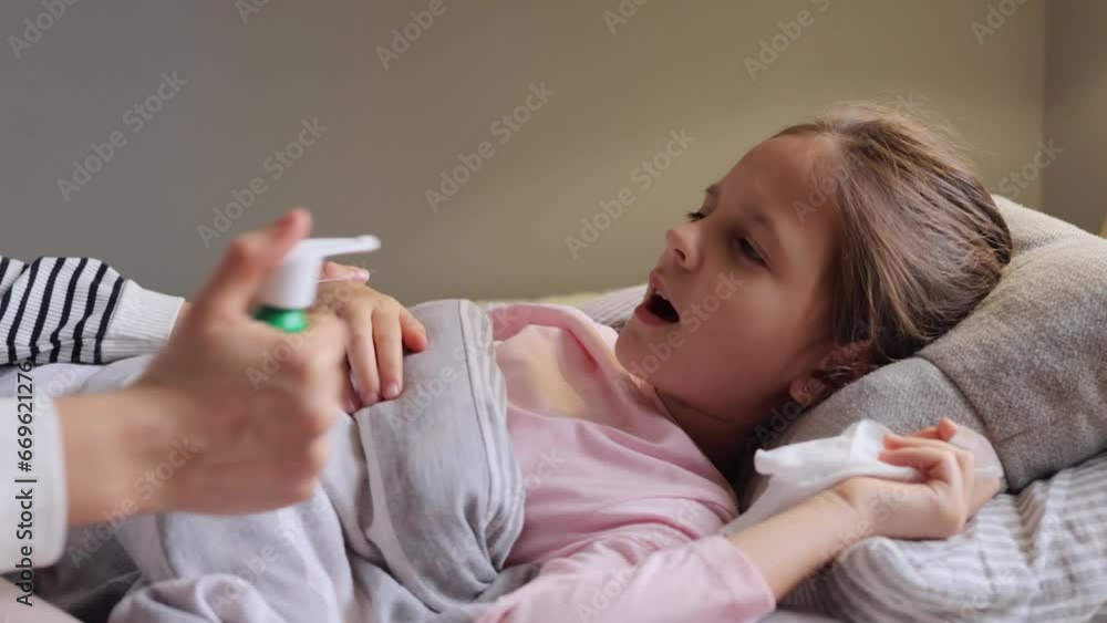 Medical illness. Child's health. Little girl suffering sore throat ...