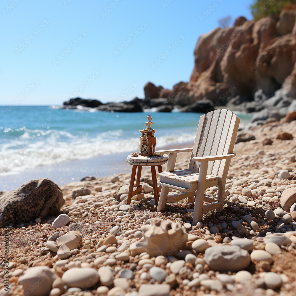 Strand mit wunderschönen Steinen und Miniaturbauten, Stuhl am strand ...