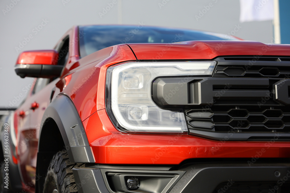 Lateral view of a new model Ford Raptor with radiator grill,logo Ford ...