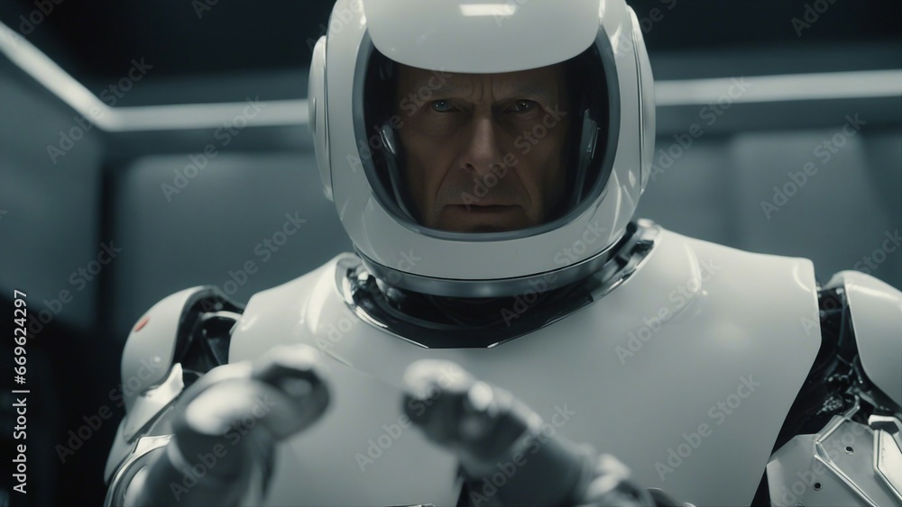 robot cyborg person cyborg with half-human flesh falling off revealing ...