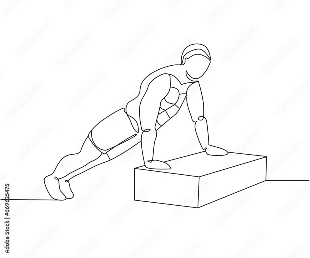 Incline push up exercise Line Drawing isolated on copy space white ...