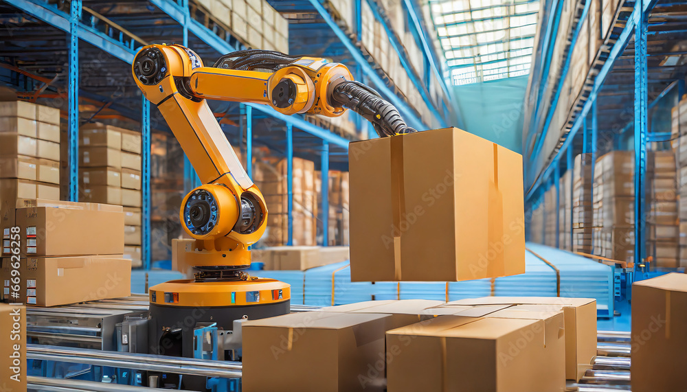 Industrial robot arm grabbing the cardboard box on roller conveyor rack ...