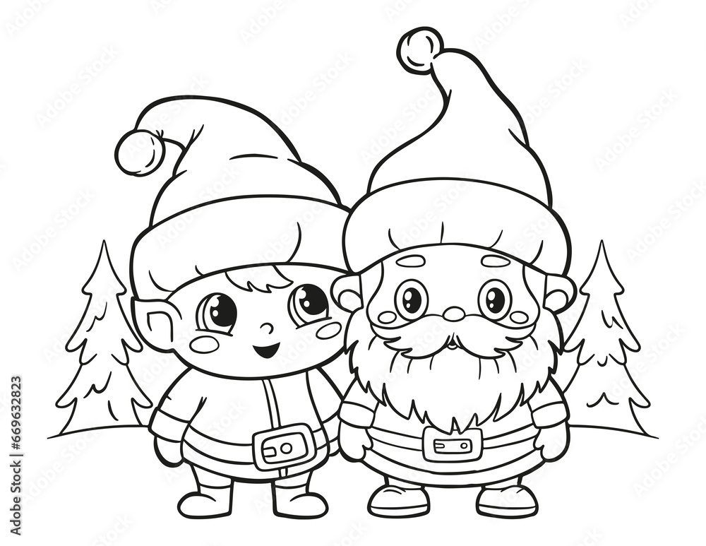 Coloring Page Outline of cartoon Santa Claus and elf. Vector ...