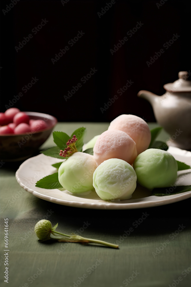 Japanese sweets, glutinous rice balls and green tea set with a dark ...