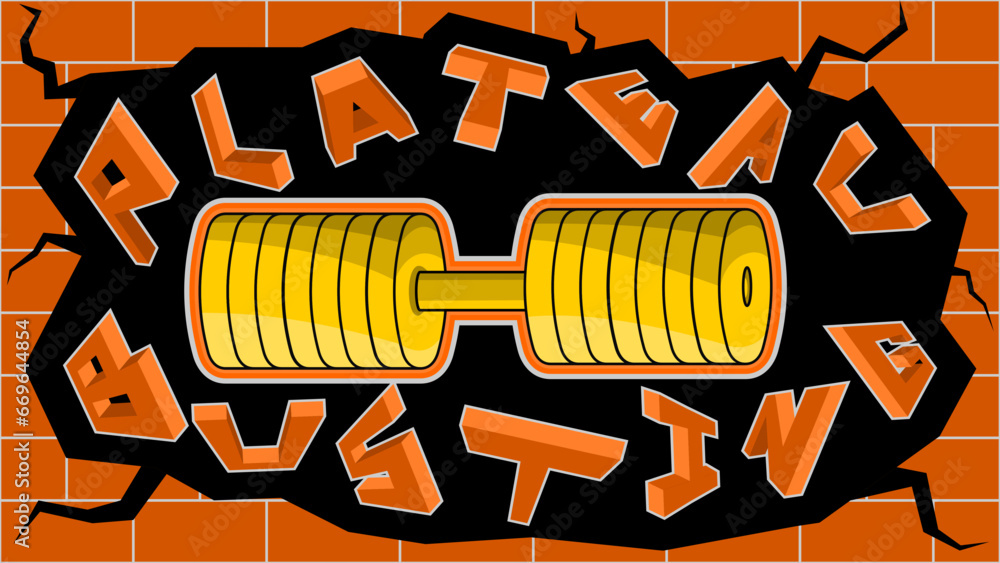 A heavy dumbbell smashes through a brick wall that signifies a plateau ...