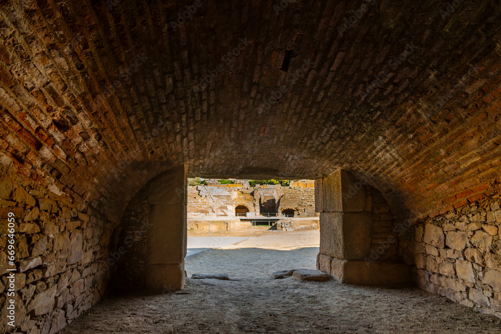 Interior with the vaulted ceiling of medieval Roman bricks of a ...