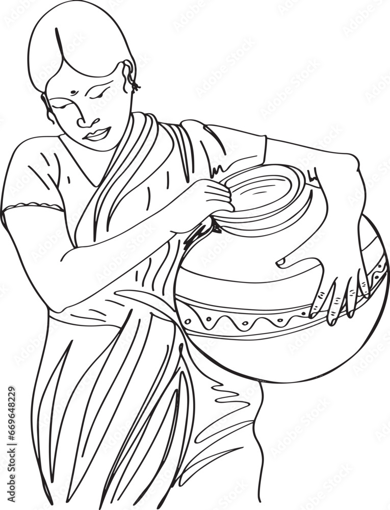 Vetor de Cartoon Drawing of Clay Water Pot Carrier Women - Heritage ...