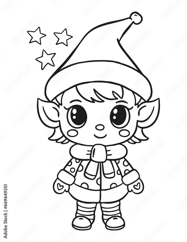 Outline Illustration Of Cute Cartoon Christmas Elf. Coloring Page for ...