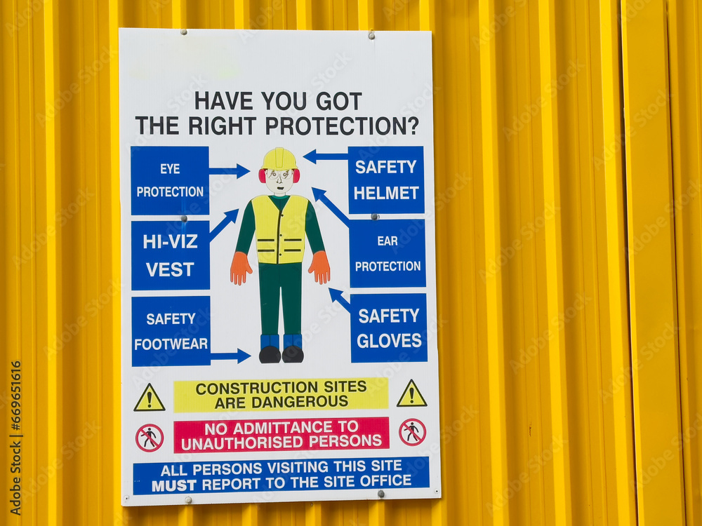 Construction site health and safety message rules sign board signage on ...