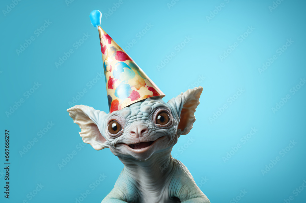 happy blue alien creature in a party hat posed in front of solid blue ...