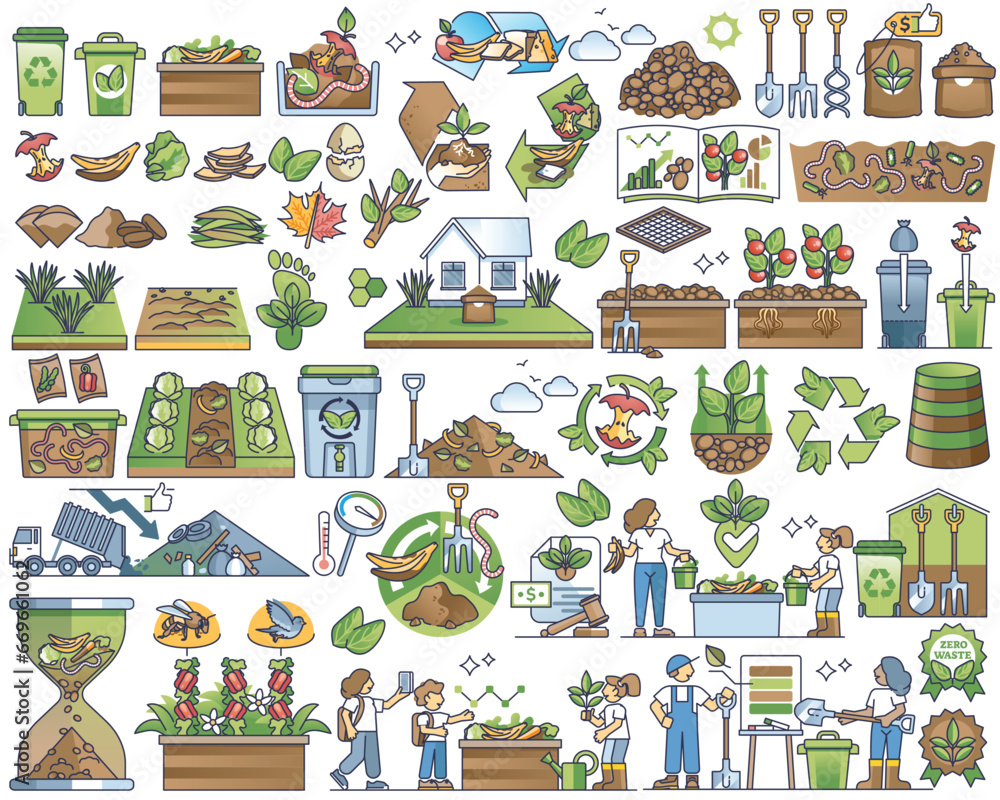 Composting and eco waste management for food leftovers in outline ...