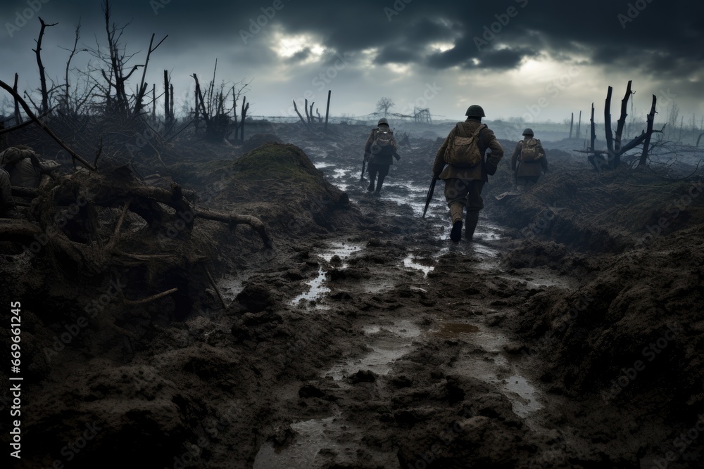 Battlefield Resilience: Soldiers Marching Through Muddy Trenches - An ...