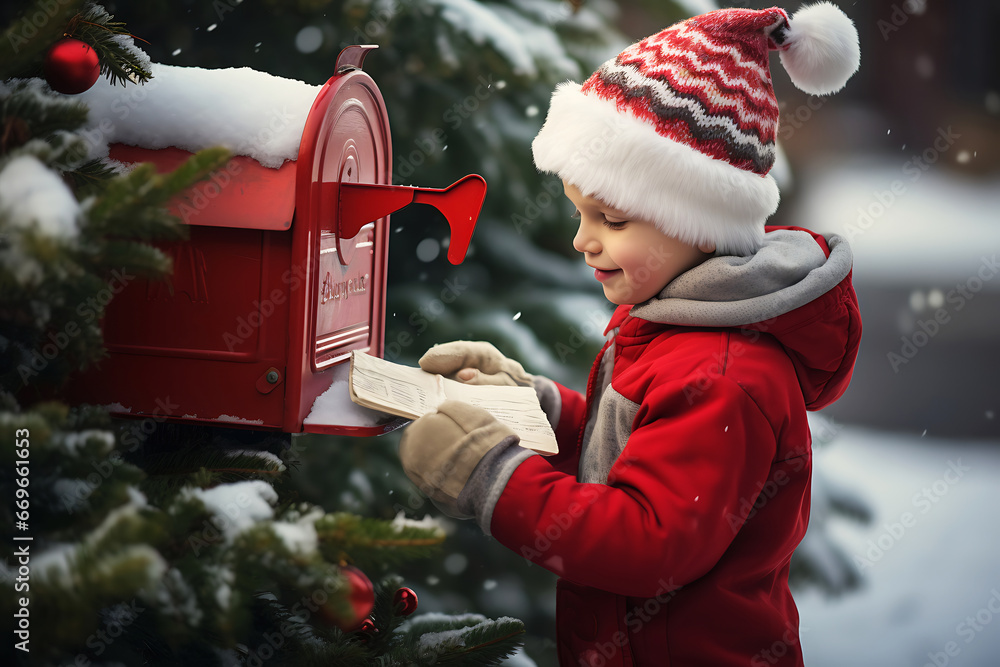 Poster Portrait of cute little kid boy puts a letter with his Christmas ...