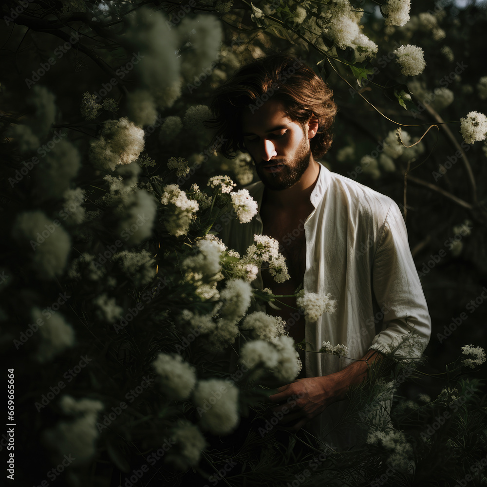 Blossoming Bonds: Man Among Trees in Dreamy Magazine Photoshoot Stock ...