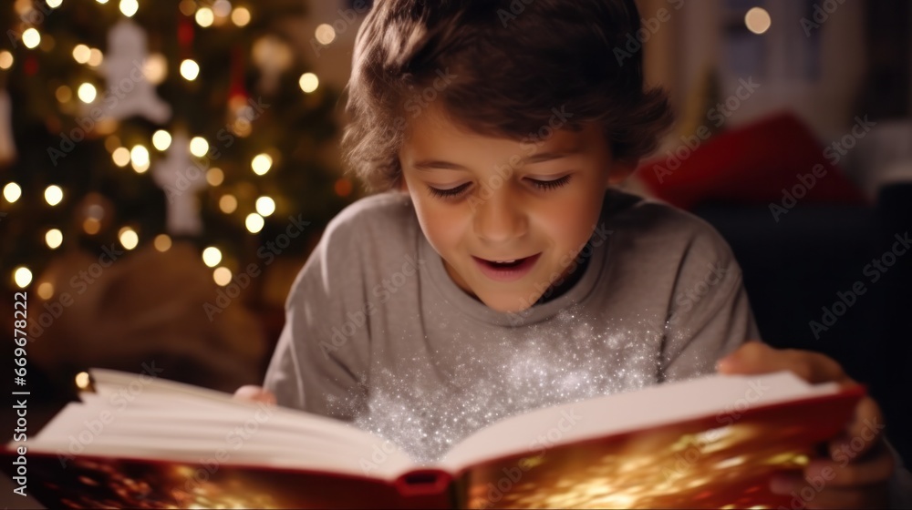 Astonished Caucasian Boy Reveals Enchanting Christmas Tome â€“ Festive ...