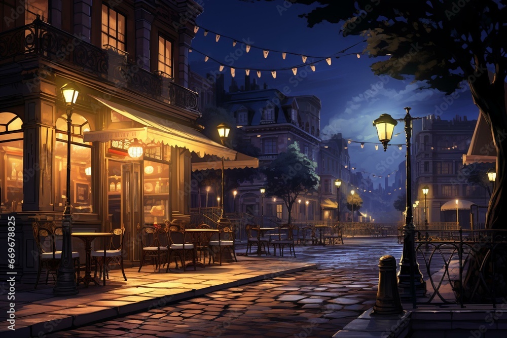 Nighttime city street scene with a cafe at the corner. Generative AI ...